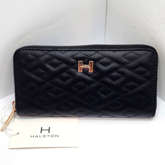 H by Halston | Bags | H Halston Black Quilted Gold Zip Around Multi ...